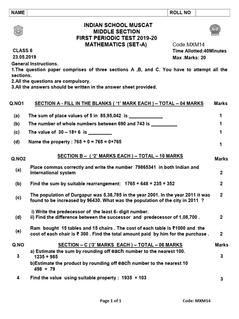 Class 6 - Mathematics - Question Paper - Set A - First Periodic Test ...