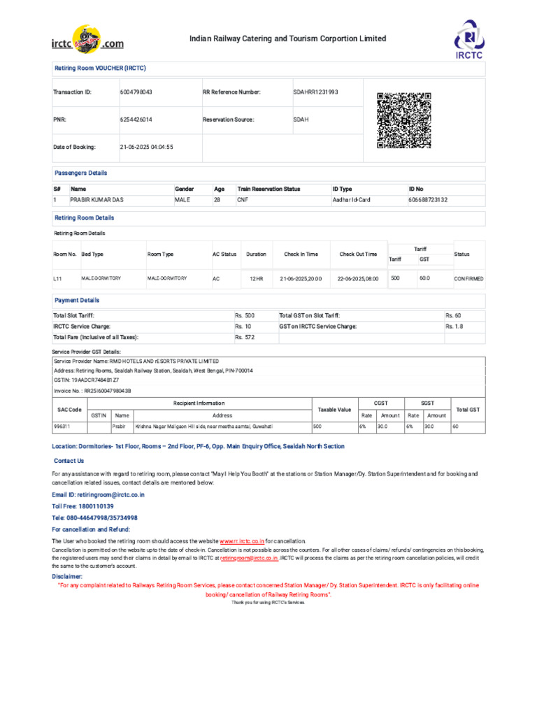 IRCTC Retiring Room Booking Details | PDF | Government Finances | Taxes