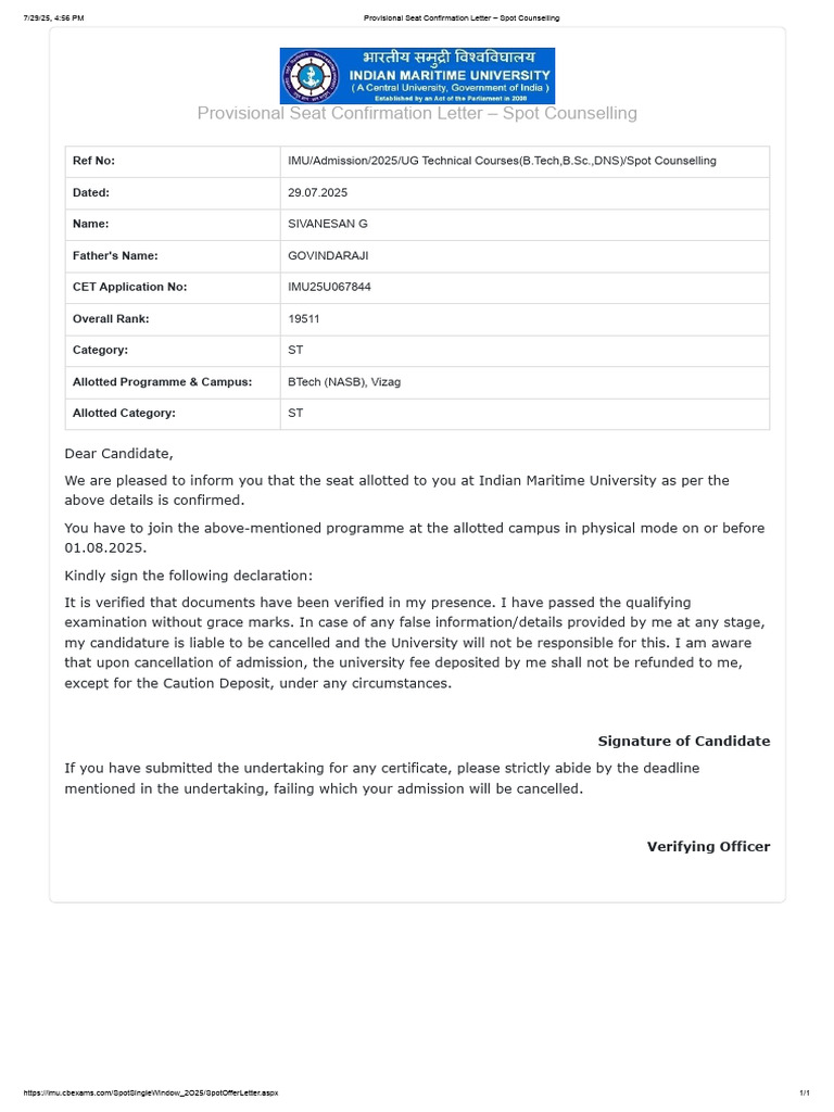 Sivanesan G-Provisional Seat Confirmation Letter - Spot Counselling | PDF