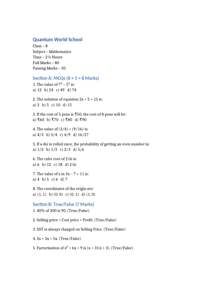 Class8 Mathematics Question Paper | PDF