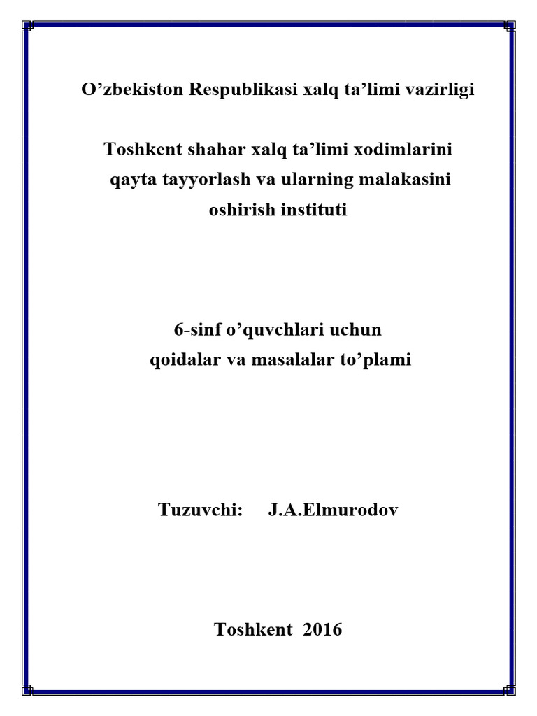 6 Sinf Oquvchilari Uchun Qoidalar Va Masalalar Toplami | PDF