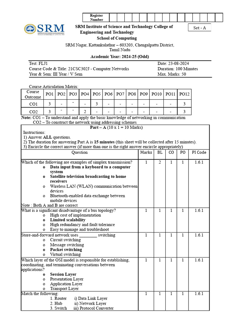 CT 1 CN Set A - Answerkey | PDF | Transmission Medium | Computer Network