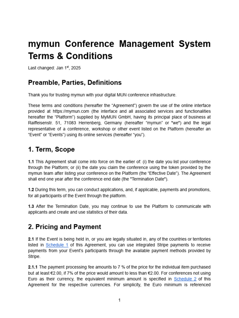 MyMUN Conference Terms & Conditions | PDF | Payments | Fee