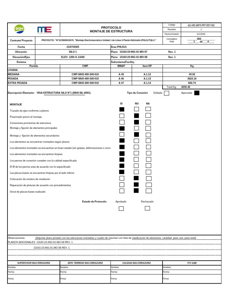 421 ME 15570 PRT EST 002 Protocolo Montaje de Estructura 002 | PDF