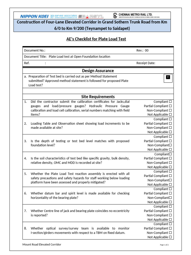 Plate Load Test Checklist for Elevated Corridor | PDF