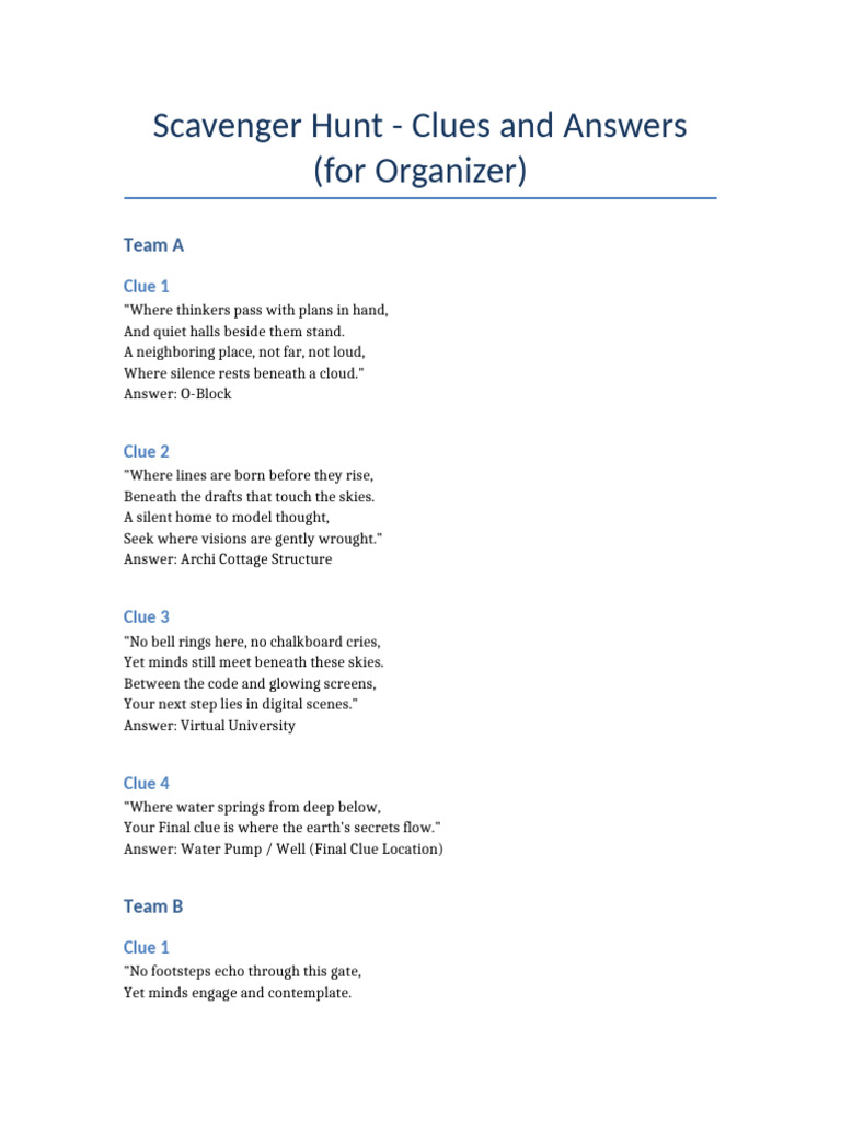 Scavenger Hunt Clues and Answers | PDF