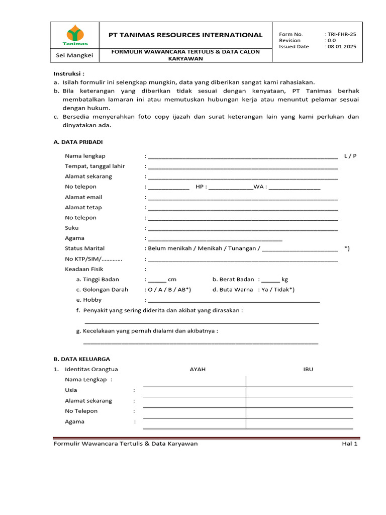 TRI-FHR-25 Formulir Wawancara Tertulis & Data Calon Karyawan Rev 0.0 | PDF