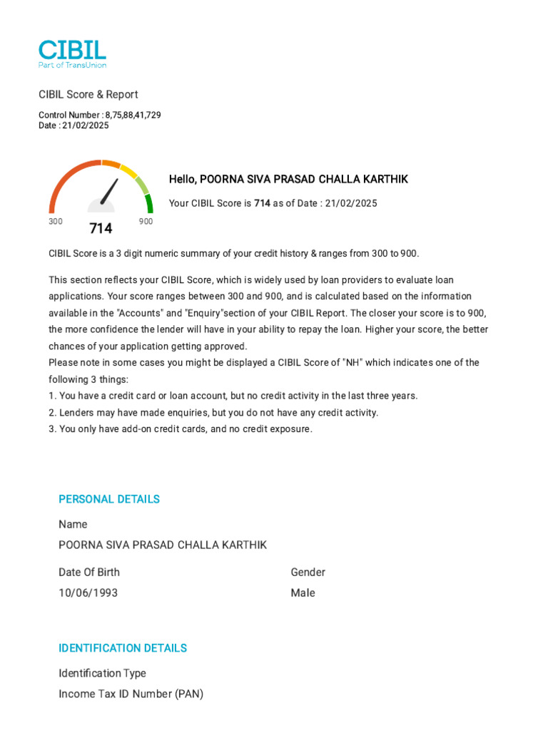 CIBIL Score Report for Karthik 714 | PDF | Finance & Money Management ...