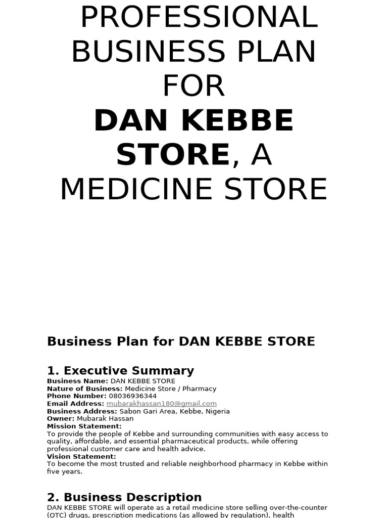 Business Plan for Dan Kebbe Pharmacy | PDF
