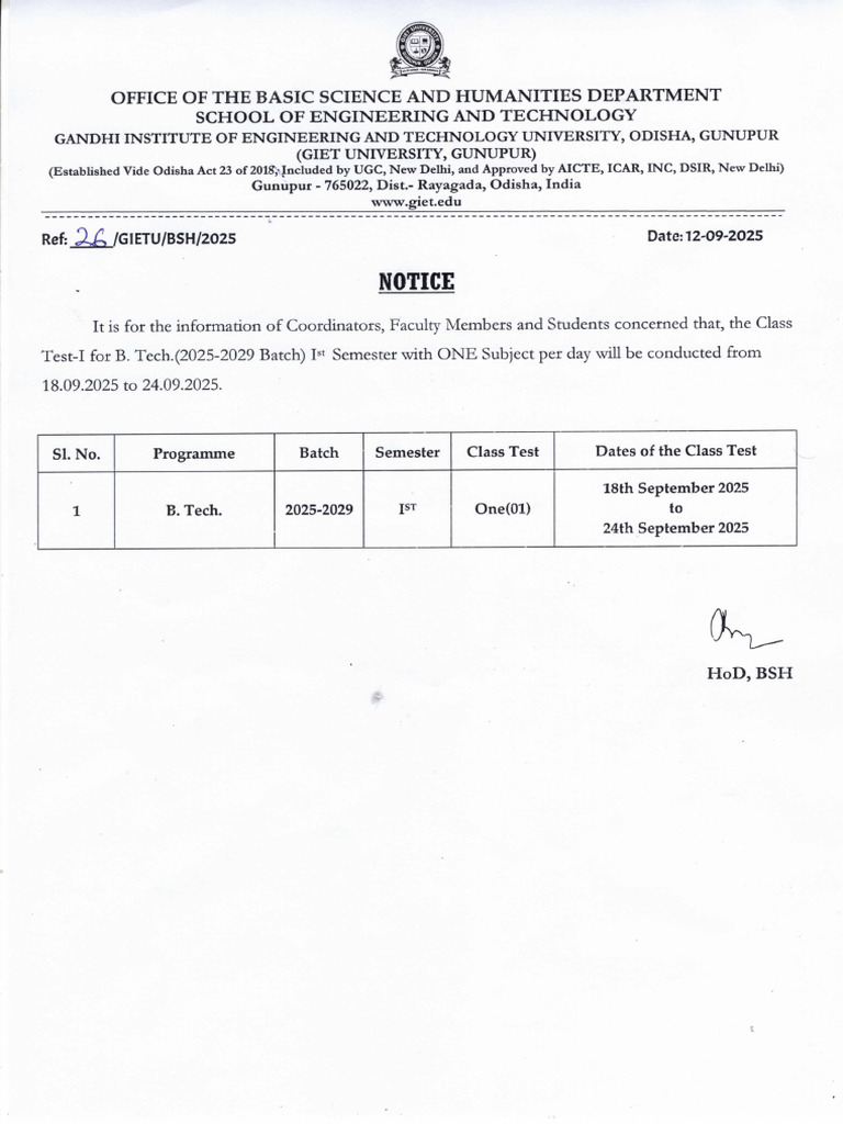 Class Test-1 Notice 2025-26 | PDF