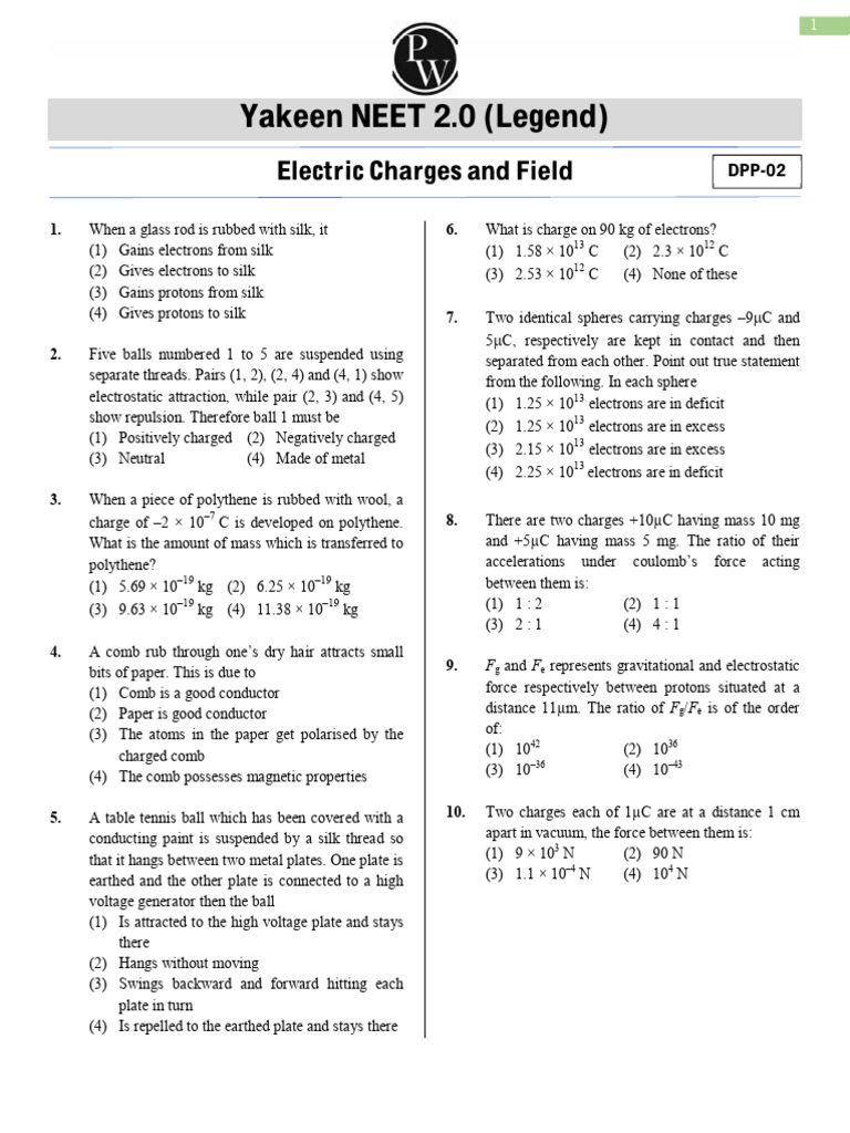 Electric Charges and Fields: DPP 02 (Of Lec-03) - Yakeen 2.0 2024 ...