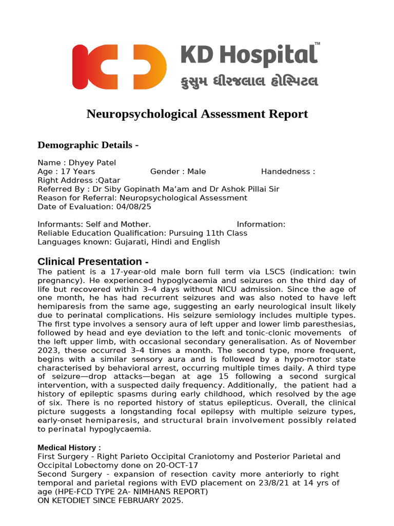 Dhyey Patel Neuropsychological Assessment Report-1 | PDF | Memory ...