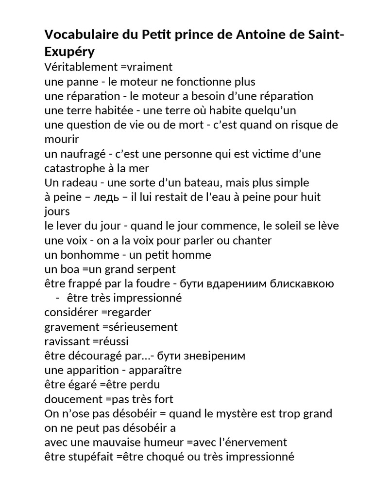 Vocabulaire du Petit Prince | PDF | Le Petit Prince
