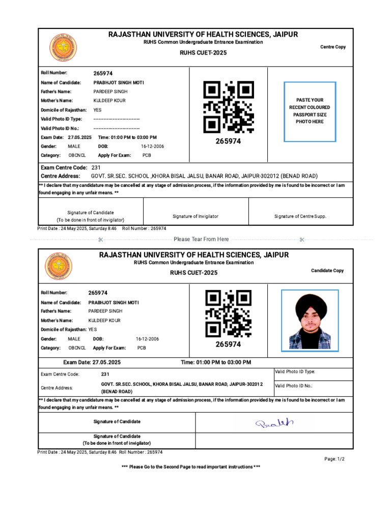 RUHS CUET-2025 Admit Card | PDF