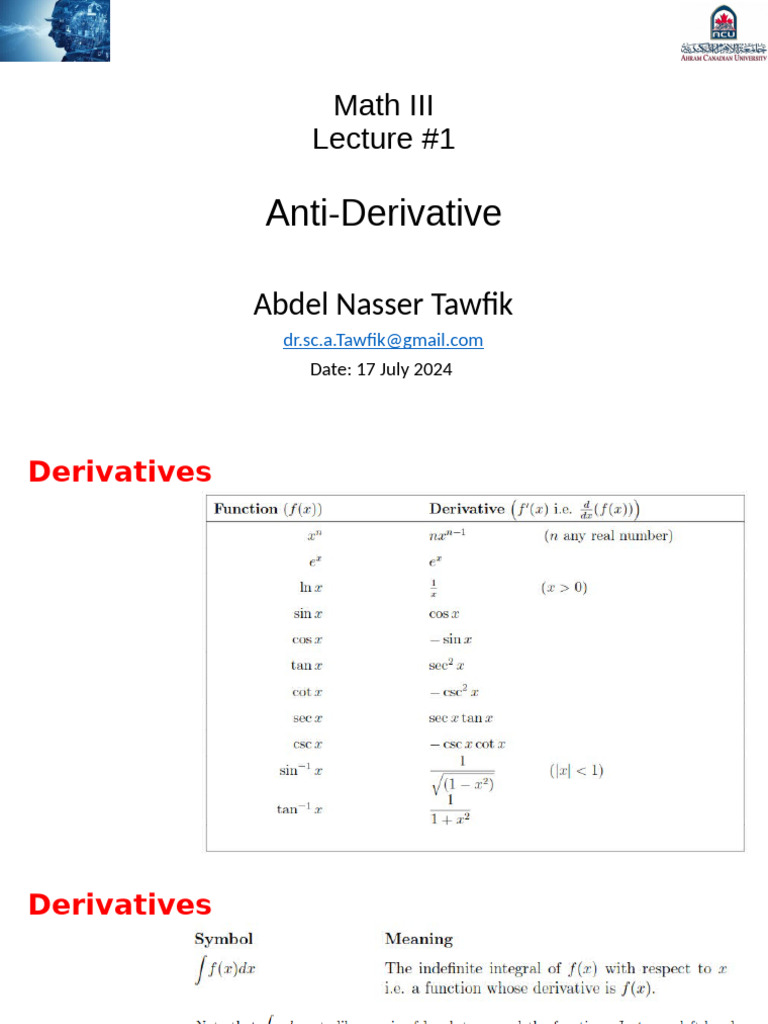 Math III: Anti-Derivative Basics | PDF