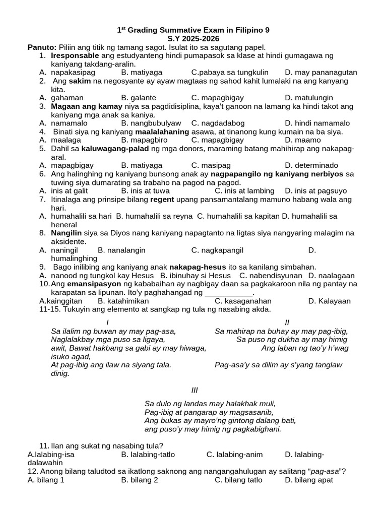 1st Grading Summative Exam in Filipino 9 | PDF