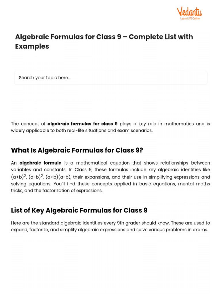 Algebraic Formulas For Class 9 - Complete List With Examples | PDF