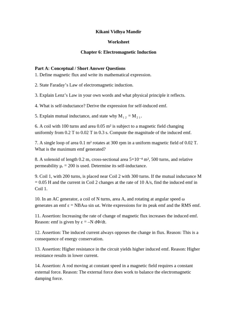 Electromagnetic Induction Worksheet | PDF | Electromagnetic Induction ...