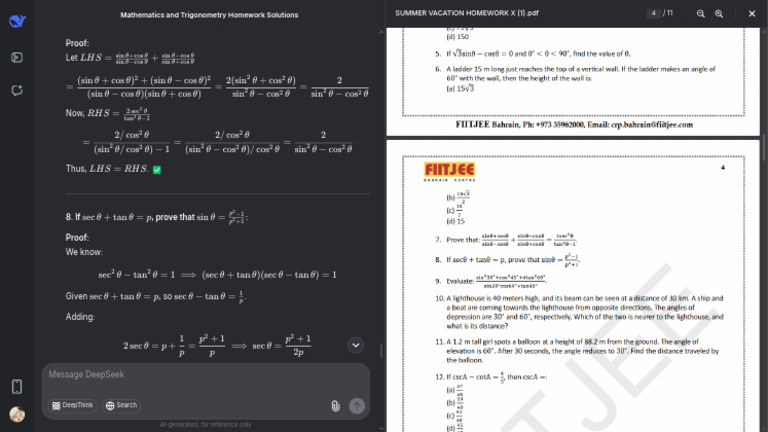 Mathematics and Trigonometry Homework Solutions - DeepSeek | PDF