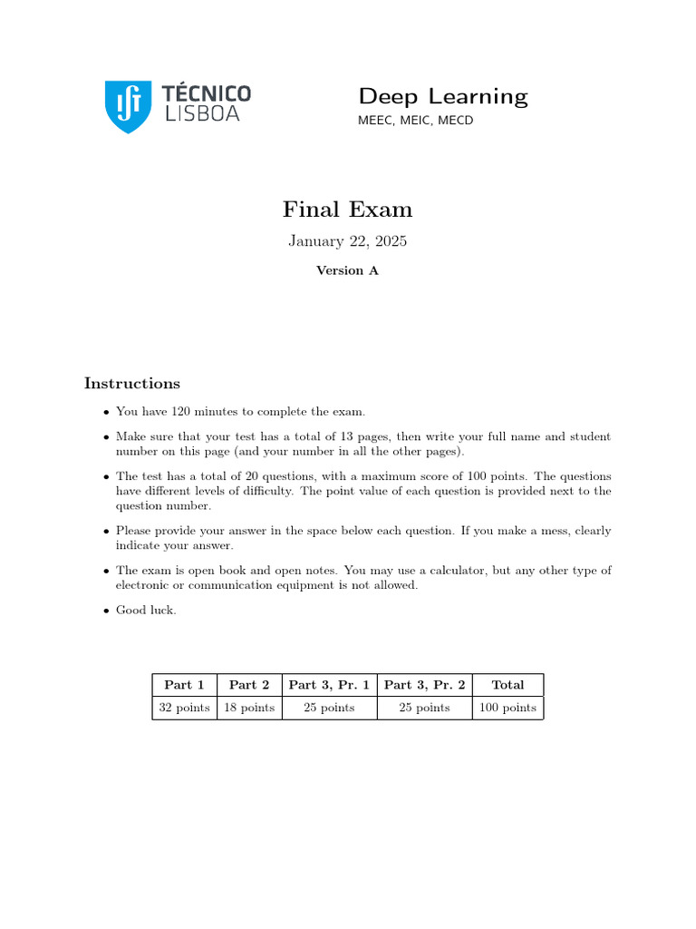 Deep Learning Final Exam January 2025 | PDF | Computational ...