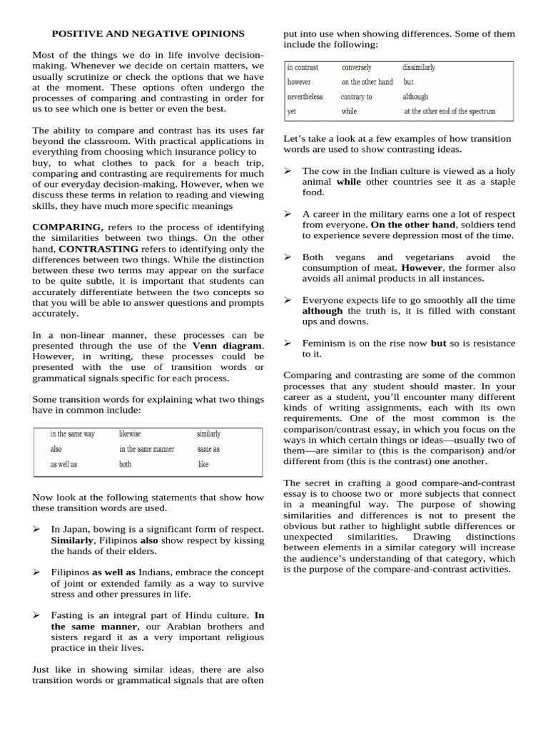 Handout - Compare and Contrast Opinions | PDF | Essays | Veganism
