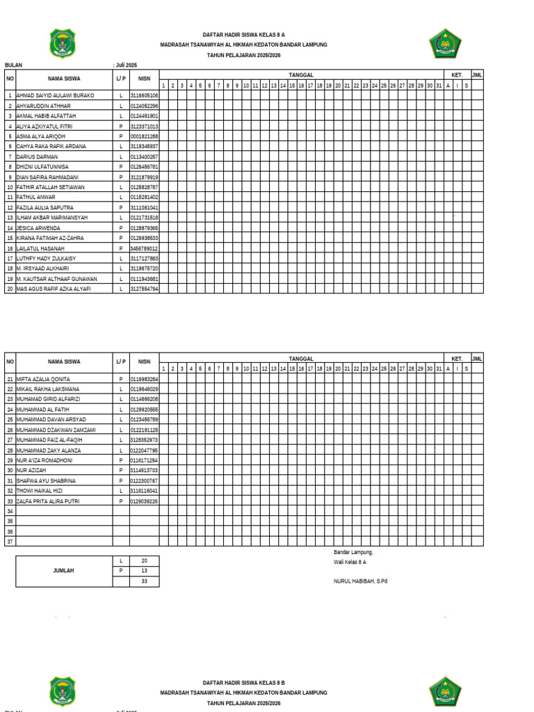 ABSEN SISWA 2025-2026 Semester 1 | PDF