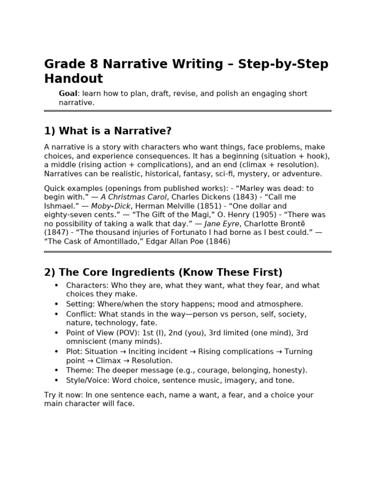 Grade 8 Narrative Writing Guide | PDF | Plot (Narrative) | Narration