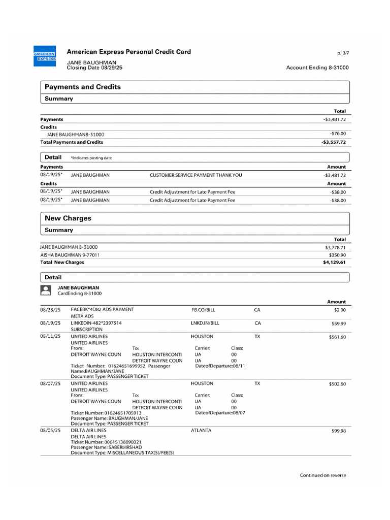 Amex Statement of Account Aug 2025 Pages (1) 1 | PDF