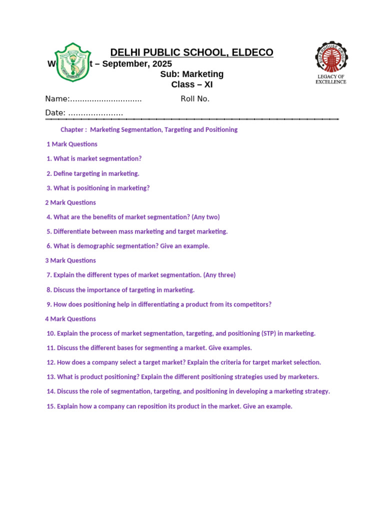 Worksheet, Marketing, Sept. 25 | PDF