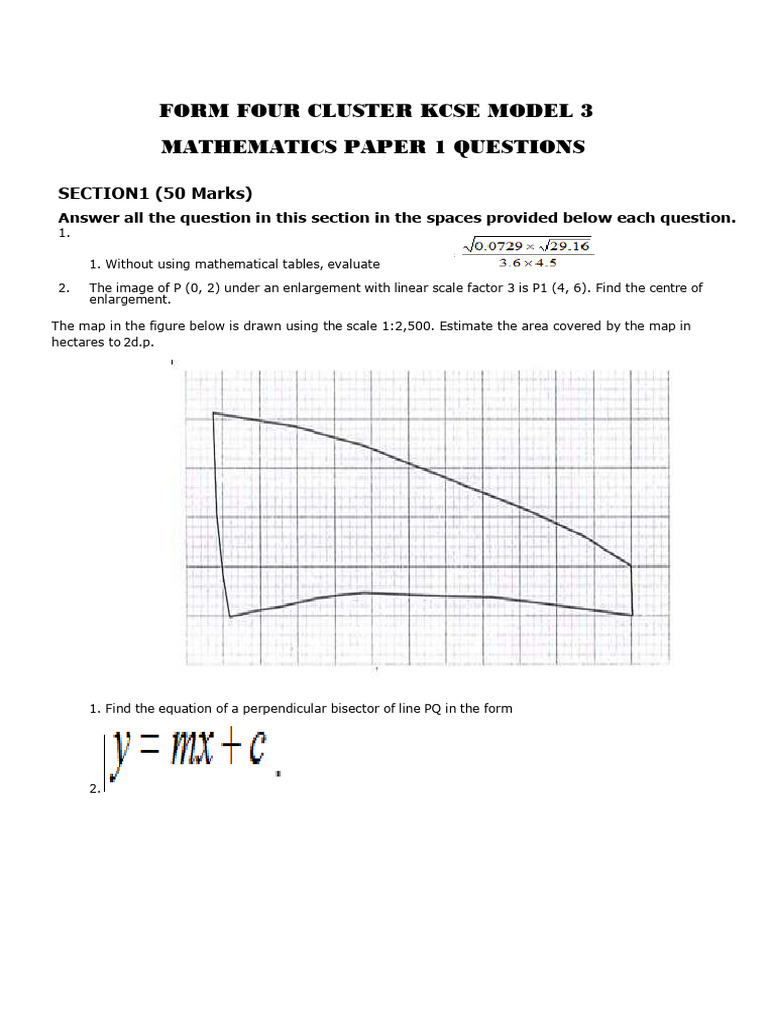 Mathematics Paper 1 Kcse Cluster Tests 3 Questions | PDF | Area | Pound ...