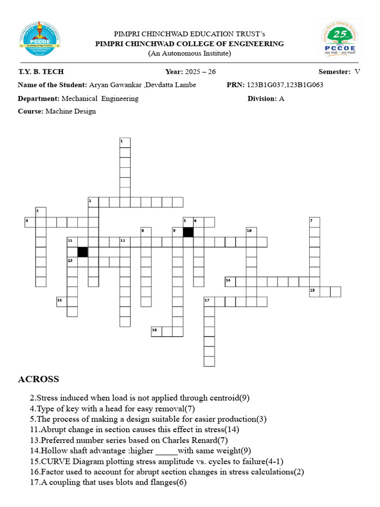 Machine Design Crossword Puzzle 2025 | PDF