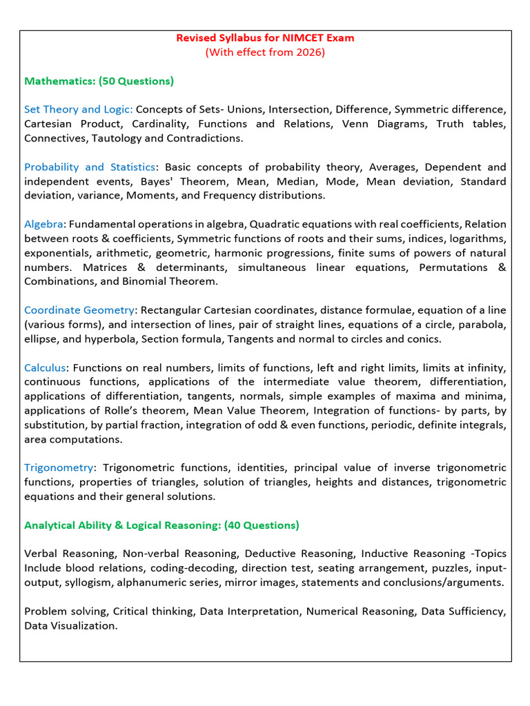 Nimcet Official Syllabus 2026 | PDF | Function (Mathematics) | Trigonometric Functions