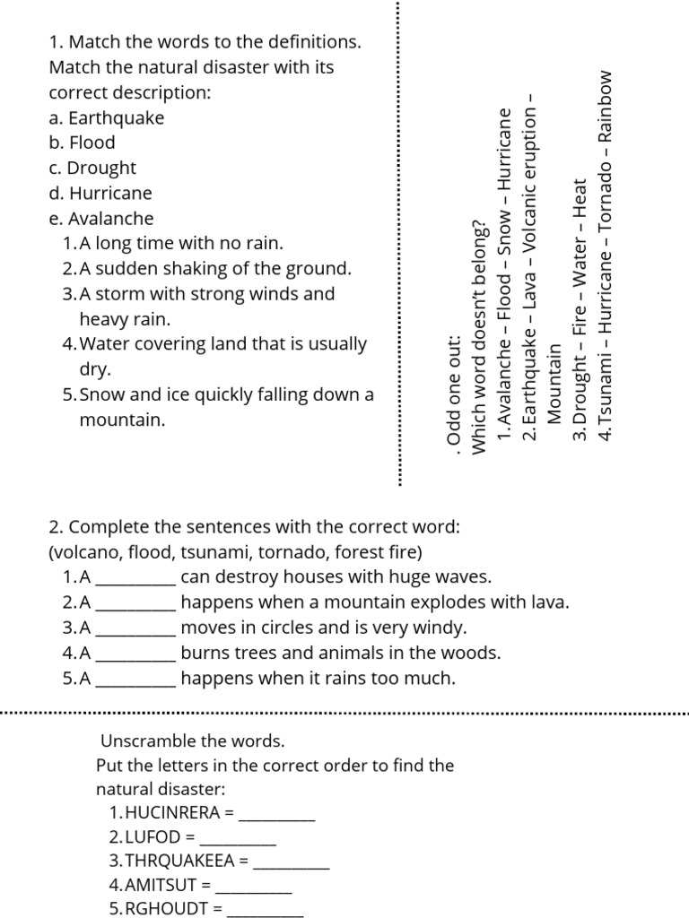 Match The Words To The Definitions. Match The Natural Disaster With Its ...