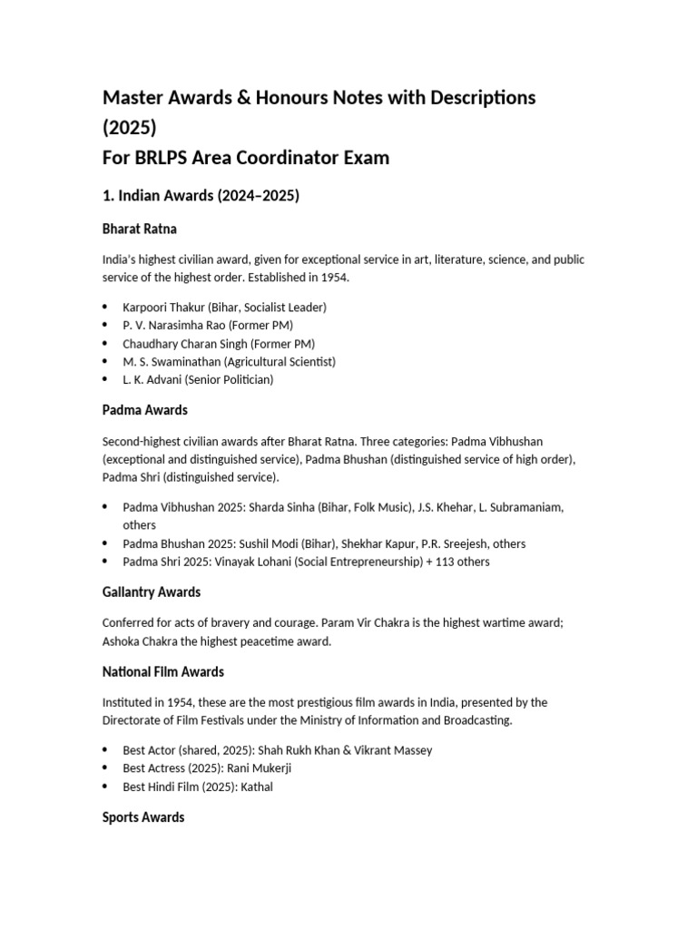 2025 Master Awards Overview for Exams | PDF | Awards