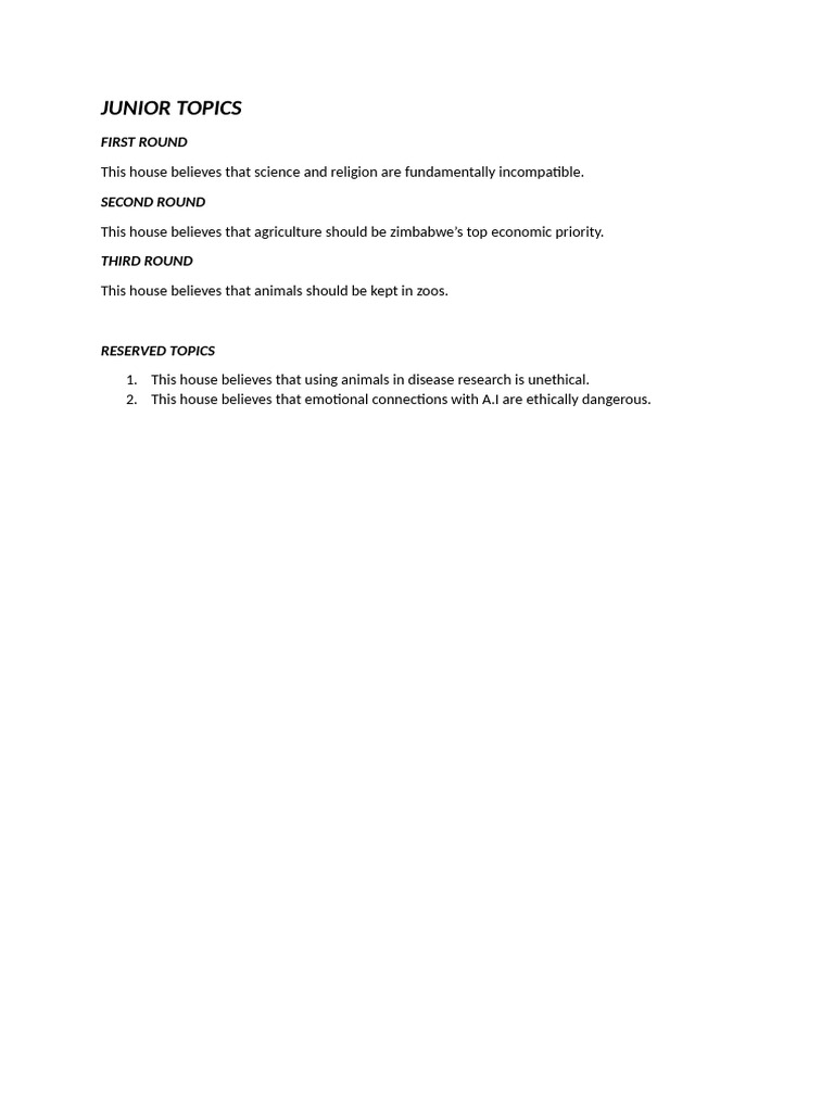 Debate Topics for Junior and Senior Levels | PDF