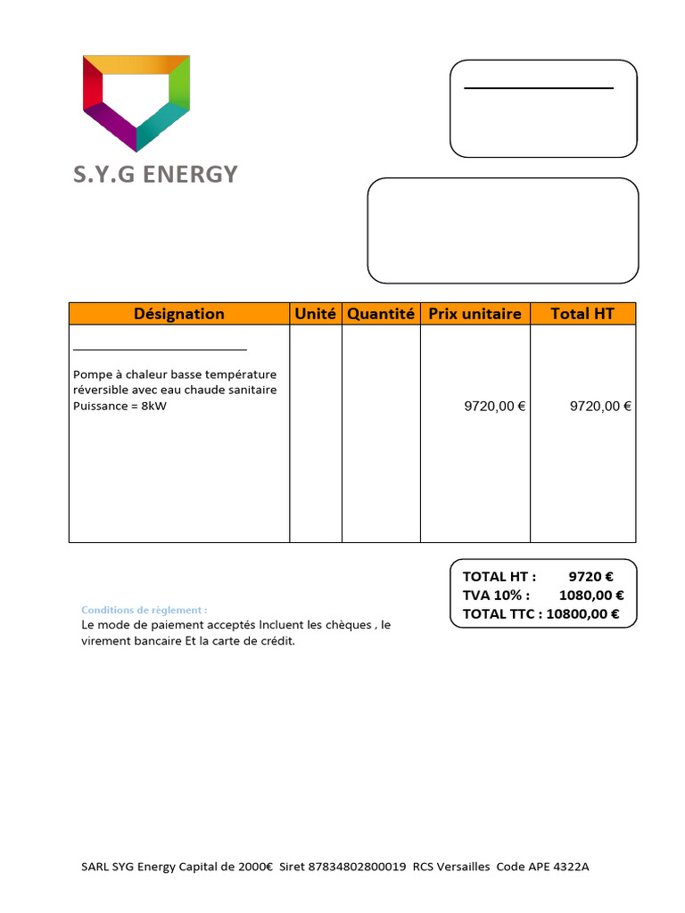 Facture Pompe à Chaleur S.Y.G Energy | PDF
