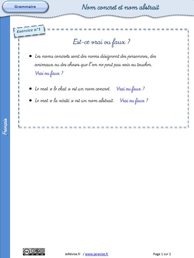 Noms concrets et abstraits : exercices CE2 | PDF