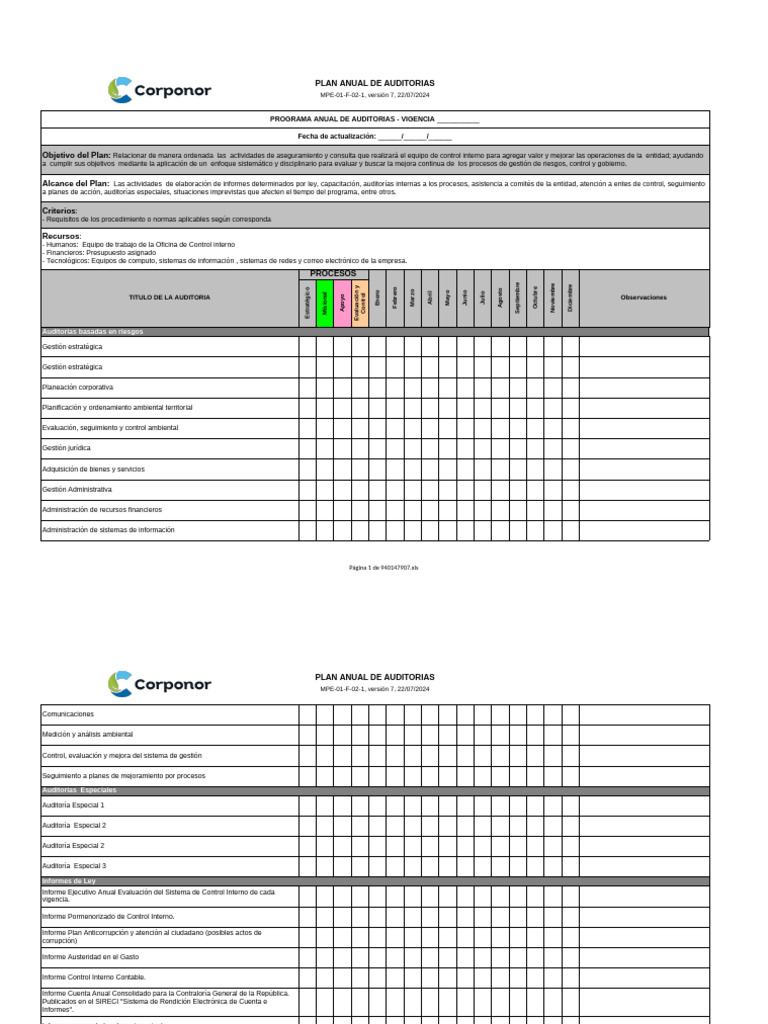Mpe 01 F 02 1 Plan Anual Auditorias v7 2024 | PDF | Auditoría ...