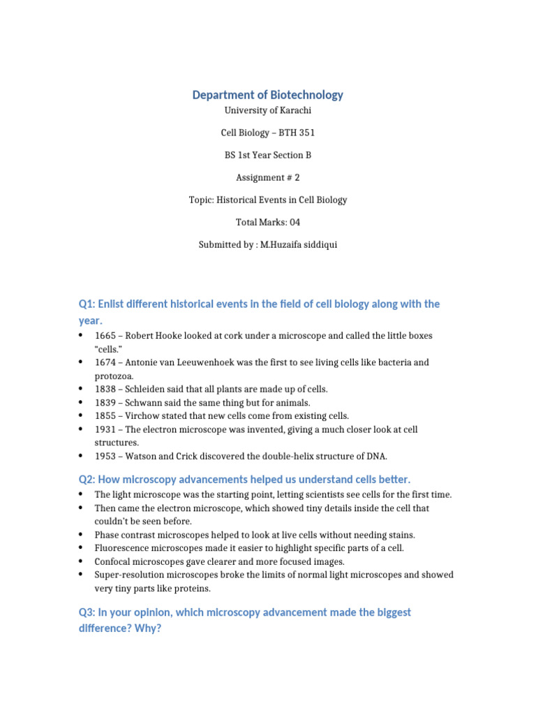 Cell Biology Assignment-1 | PDF | Microscope | Microscopy