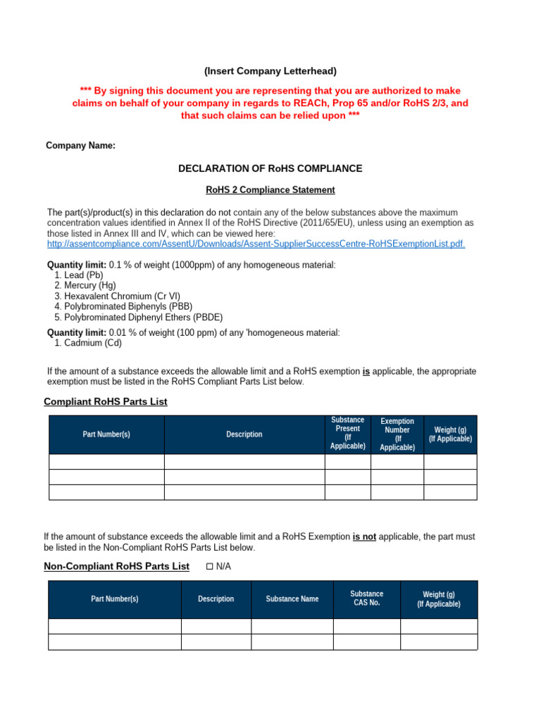 RoHS Compliance Declaration Template | PDF | Occupational Safety And ...