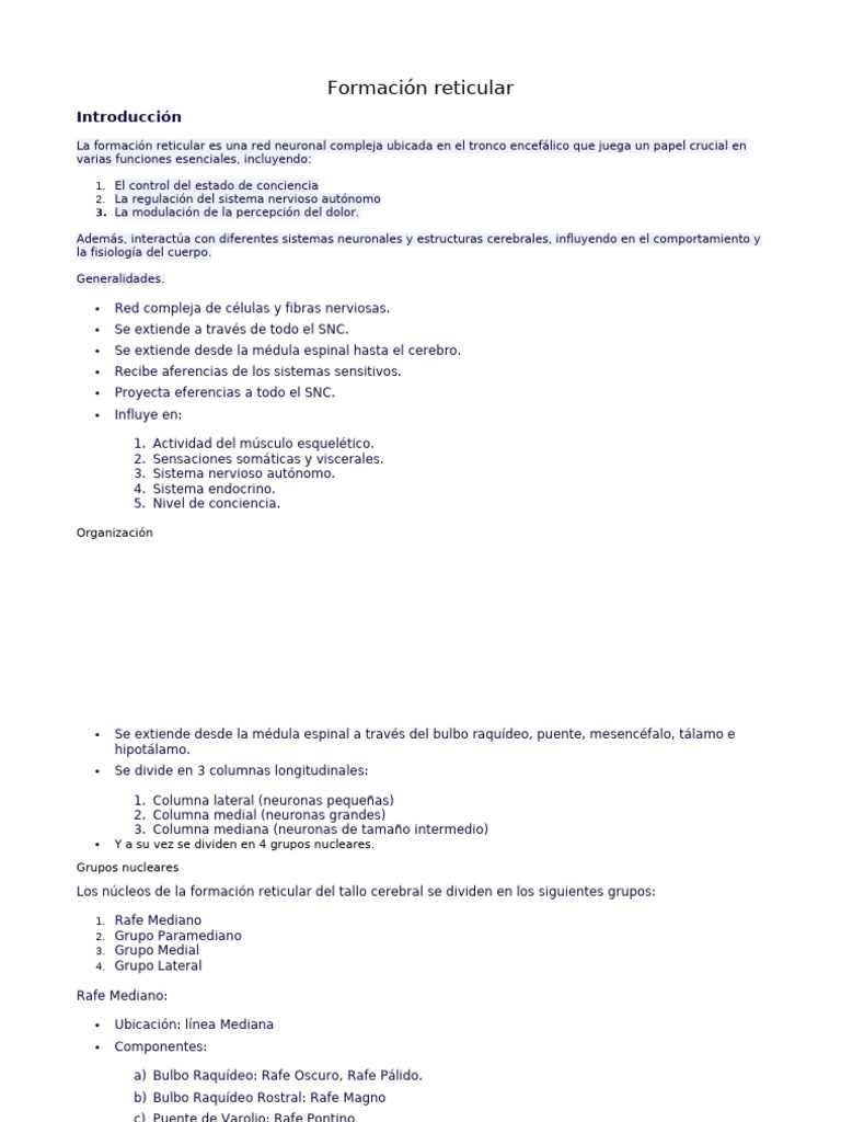Formación Reticular Pdf Anatomía Humana Neurociencia