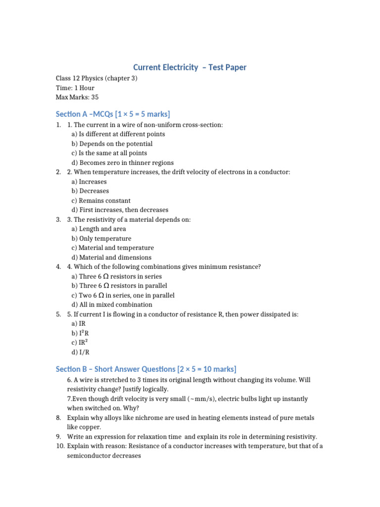 Current Electricity Test Set 2 | PDF | Electrical Resistivity And ...