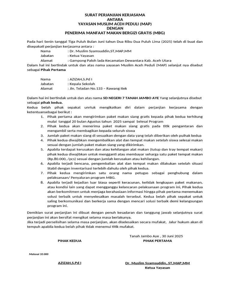 Surat Perjanjian Kerjasama Yayasan | PDF