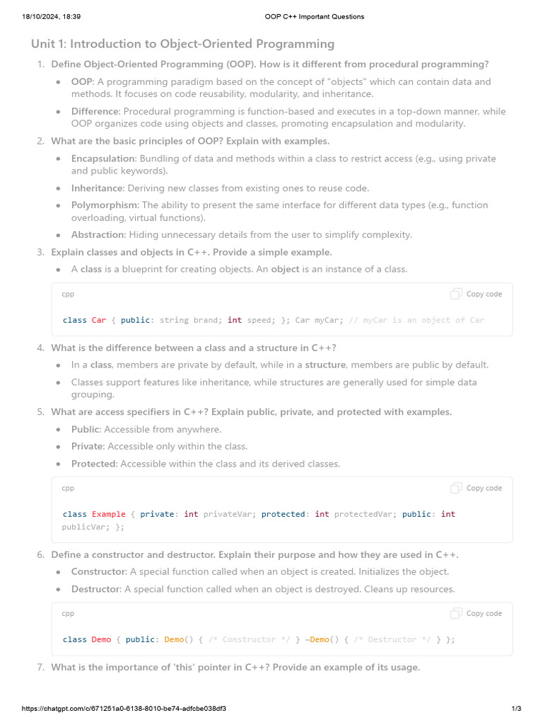 OOP C++ Important Questions | PDF | Object Oriented Programming ...