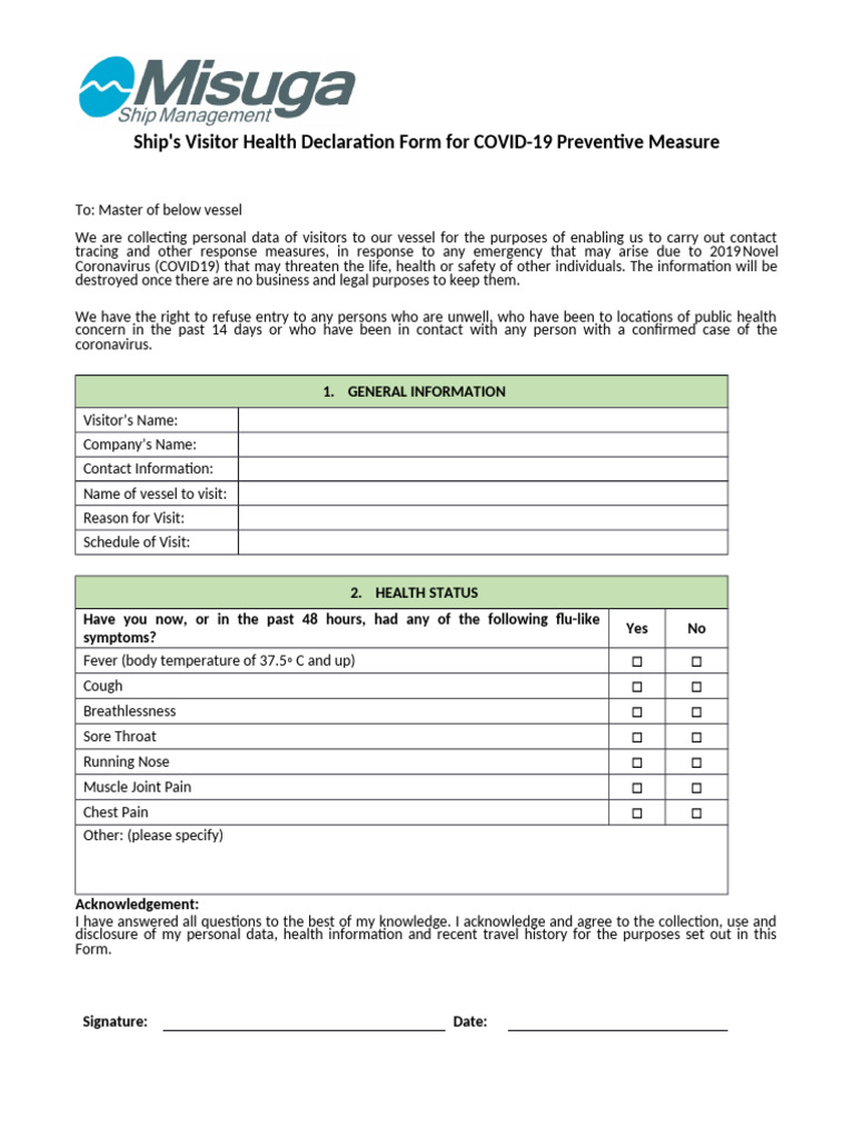Ship's Visitor Health Declaration Form For COVID-19 Preventive Measure | PDF