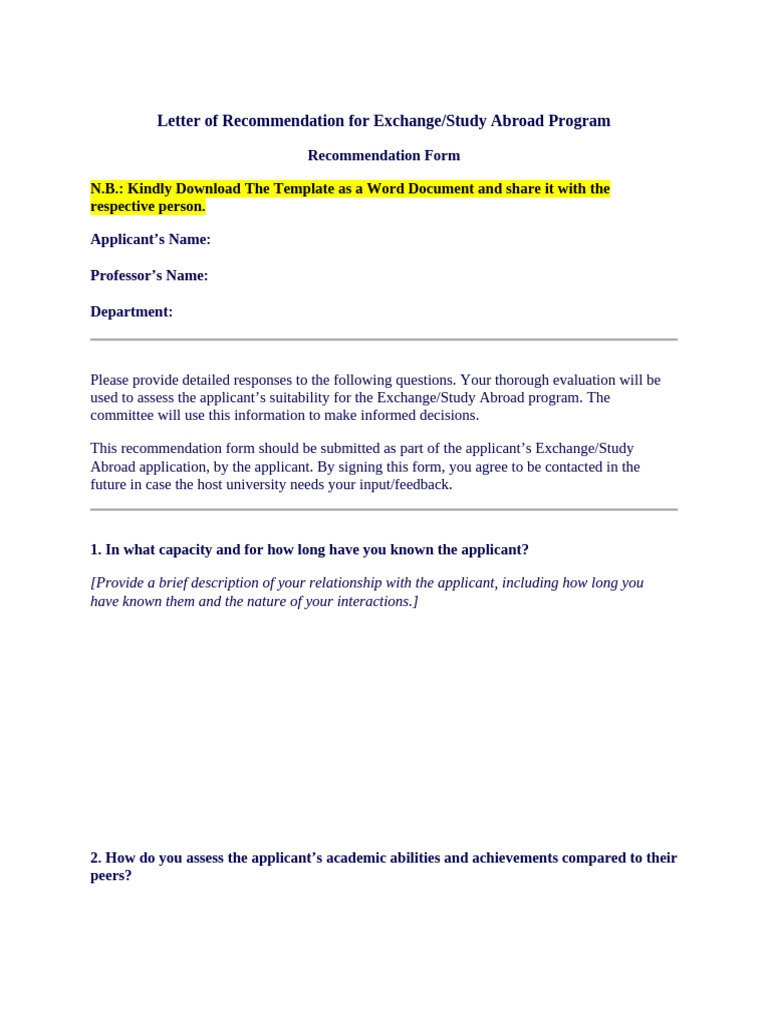 Study Abroad Recommendation Template | PDF