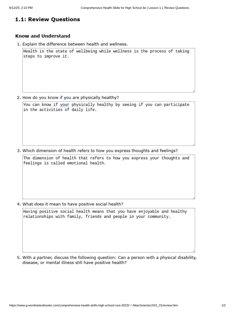 Comprehensive Health Skills For High School 4e - Lesson 1.1 Review ...