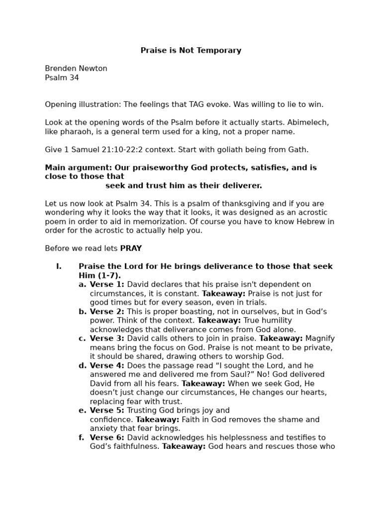 Psalm 34 Preaching Outline | PDF | Salvation | Jesus