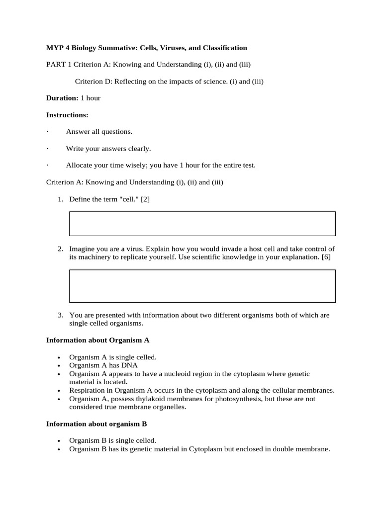 MYP 4 Biology Summative Part 1 | PDF