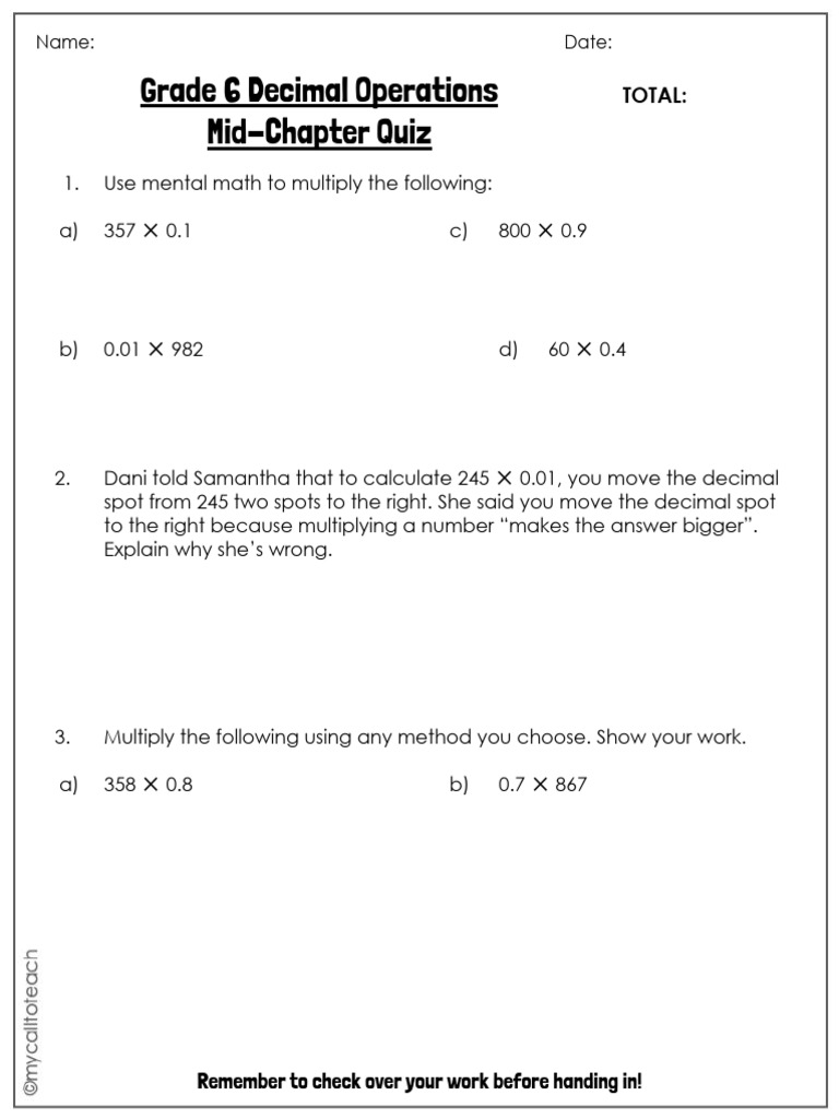 GR 6 MCTT Decimal Operations Mid-Chapter Quiz | PDF